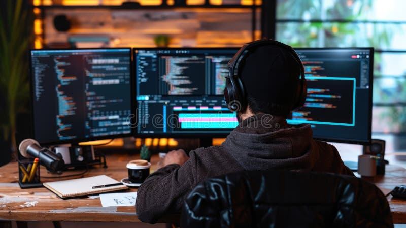 Software Developer Working On Code In Dual Monitor Setup Aig41 Stock Image Image Of Frontend