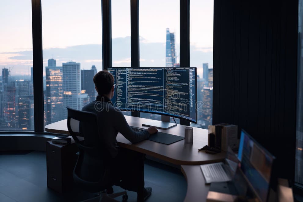 Software Developer Working on Computer Code at Desk in Modern Office ...