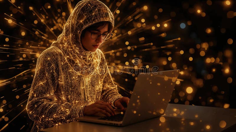 Software Developer Working with Futuristic Glowing Lines and Particles ...