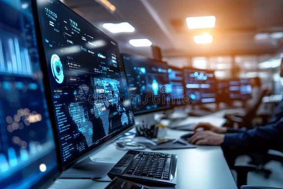 Software Developer Working with Global Map and Data on Computer Screen Stock Illustration ...