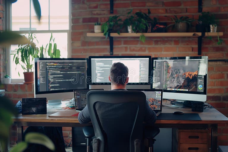 Software Developer Working from Home Using Multiple Monitors Stock Illustration - Illustration ...