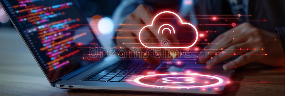 Software Developer Working on Laptop with Cloud Computing Icon, Data ...