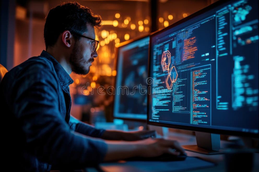 Software Developer Working Late on Computer Code in Office at Night ...