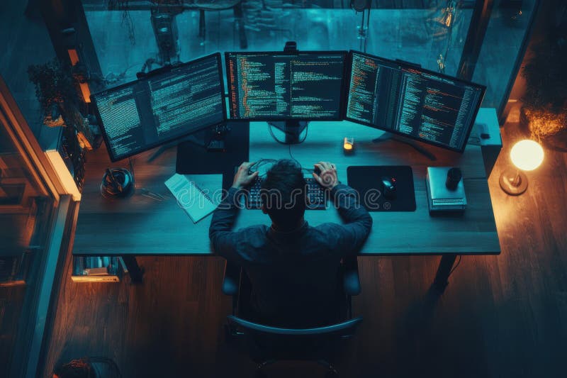 Software Developer Working Late at Night on Computer Code on Multiple Monitors Stock ...