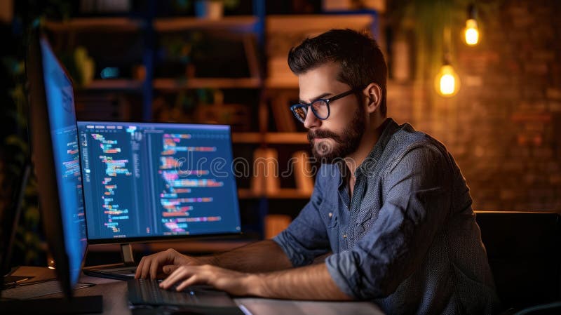 Software Developer Working Late in an Office, Surrounded by Screens ... Software Developer Working Late in an Office, Surrounded by Screens ...