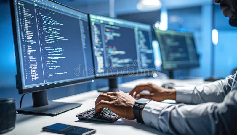 Software Developer Working on Multiple Monitors Stock Image - Image of blue, engineer: 392336595
