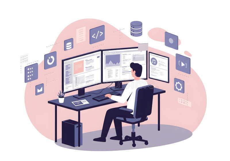 Software Developer Working on Multiple Screens Stock Illustration ...