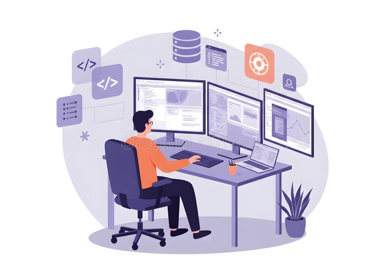 Software Developer Working on Multiple Screens Stock Illustration ...