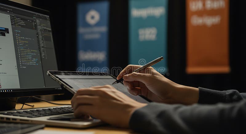Software Developer Working on Multiple Screens and Using a Stylus Stock ...