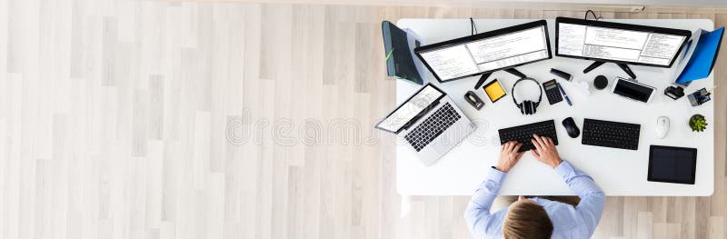 Developer Working on Multiple Computer Screens Stock Photo - Image of ...