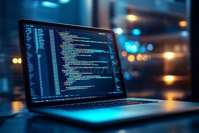 A Software Developer Working on a Portable Personal Computer, Coding Applications and Solutions ...