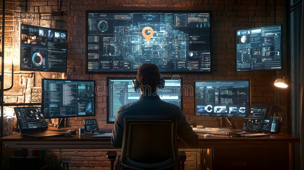 Software Developer Works in Tech Office Surrounded by Multiple Screens ...