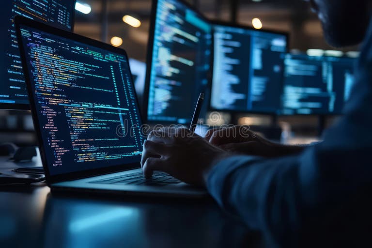 Software Developer Writing Code on Laptop in Dark Office at Night Stock ...