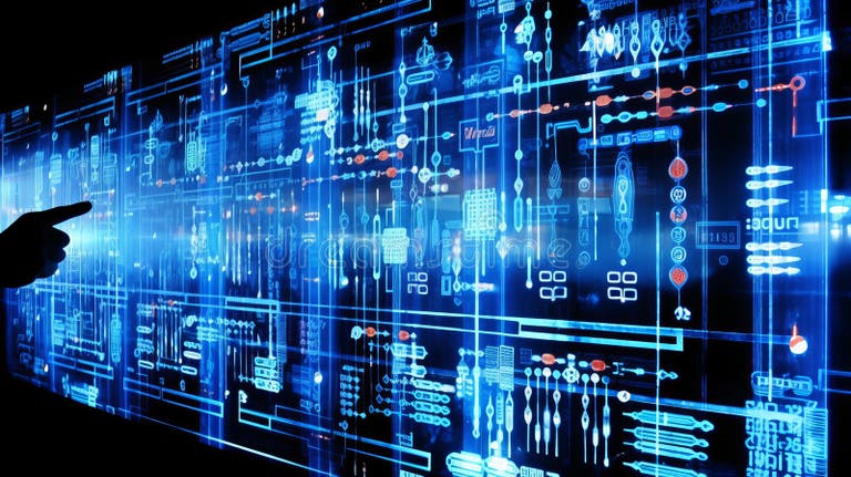 Software Developer Writing Computer Program with Augmented Reality Panel and Artificial ...