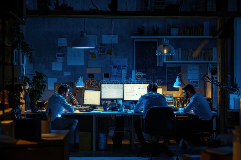 Software Developers Coding On Computers In Dark Office At Night Stock 3391