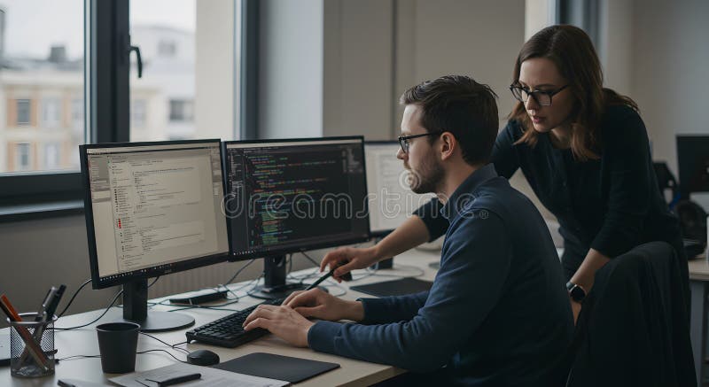 Software Developers Collaborating on Project Code Stock Illustration - Illustration of office ...