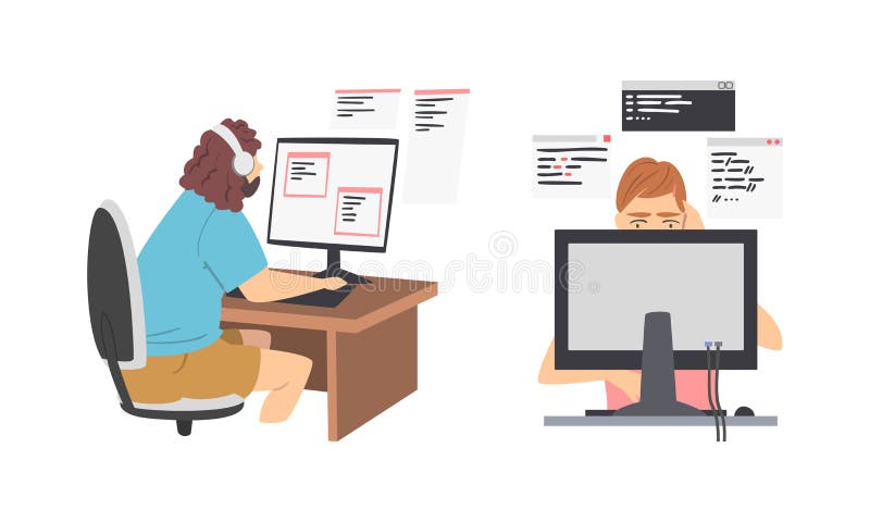 Software Developers Creating Computer Programs Cartoon Vector ...