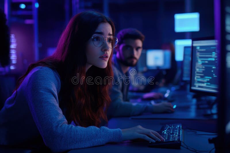 Software Developers Team Working Late Night on Computer in Data Center ...