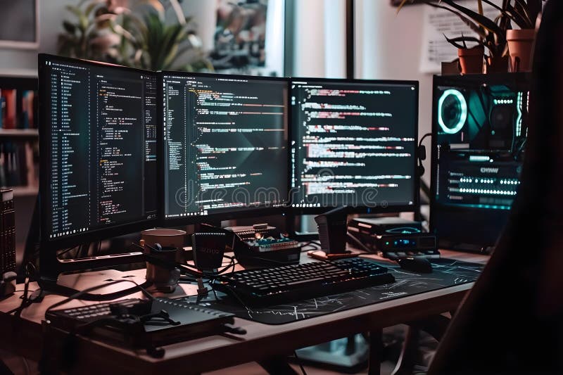 Software Developers Utilize Triple Monitor Setup for Enhanced Coding ...