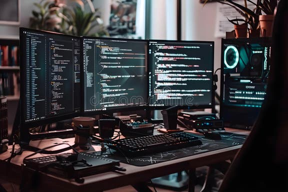 Software Developers Utilize Triple Monitor Setup for Enhanced Coding ...