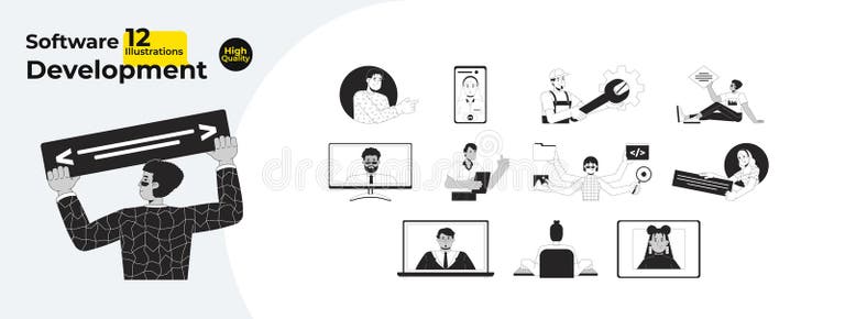Software Development Characters Outline Illustrations Mega Bundle Stock Vector - Illustration of ...