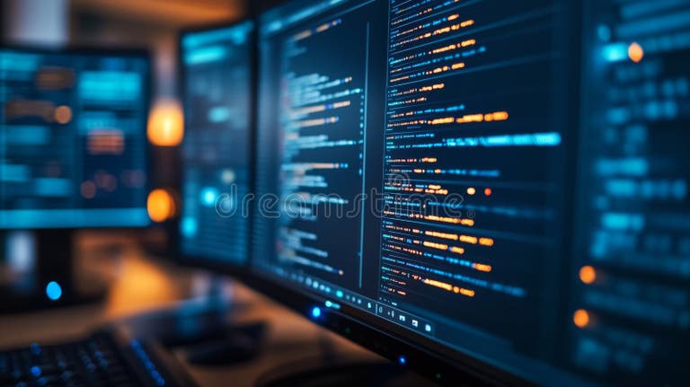 Software Development Code on Multiple Monitors in a Tech Workspace Stock Photo - Image of ...