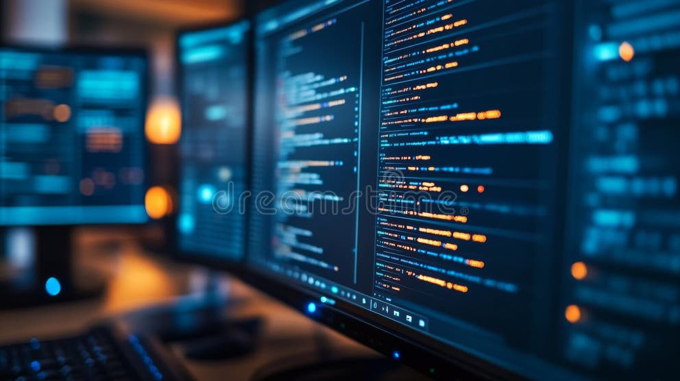 Software Development Code on Multiple Monitors in a Tech Workspace Stock Photo - Image of ...