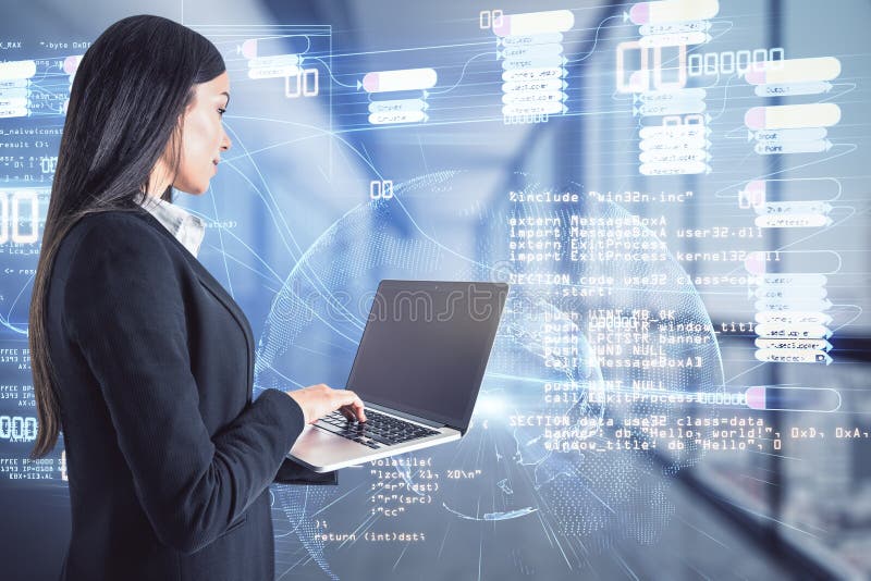 Software Development And Coding Concept With Programmer Working On Laptop In Front Of Digital