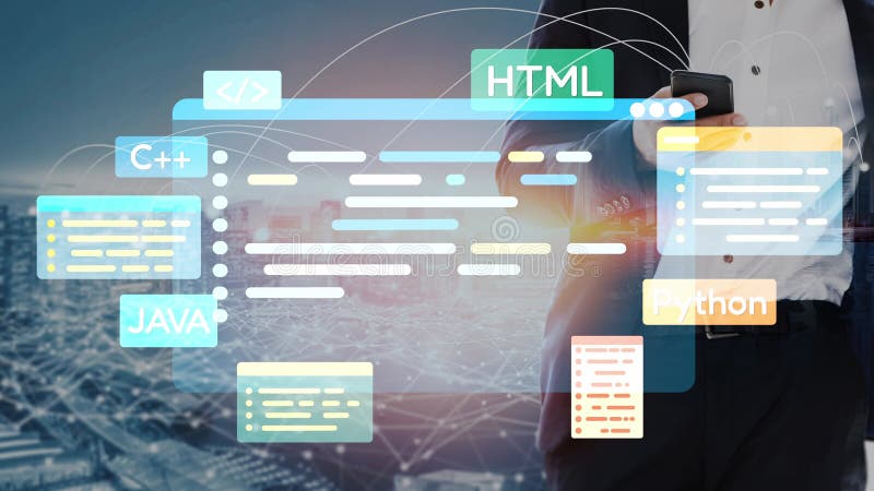 Programmer Coding with Digital Interface and Language Overlays Muxer Stock Footage - Video of ...