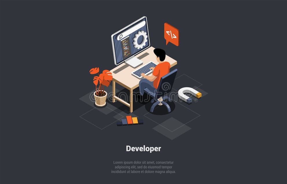 Software Development Coding Process Concept Man Programmer Or Web Developer Working On Pc Stock
