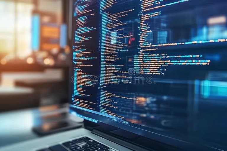 Software Development and Coding Process with Laptop Displaying Source Code for Program ...