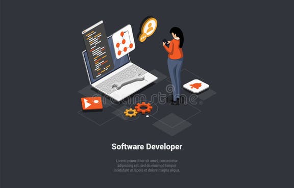 Software Development Coding Process. Programmer Frontend Developer Woman Coding on Laptop Stock ...