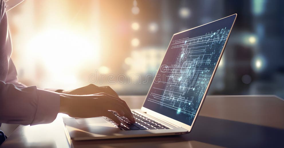 Software Development Concept. Coding Programmer, Software Engineer Working on Laptop, Sunset ...