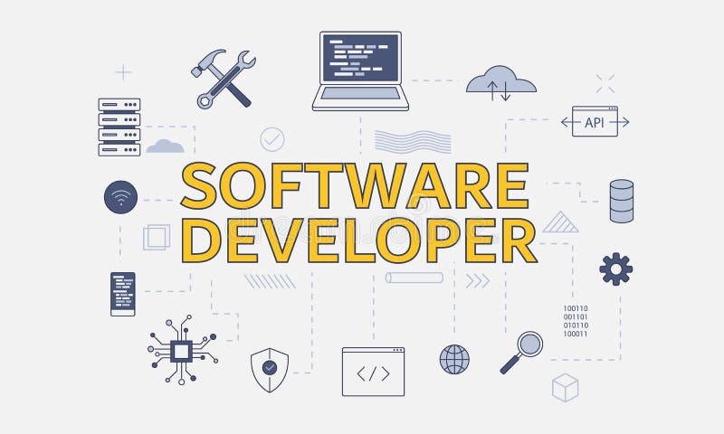 Software Development Concept with Icon Set with Big Word or Text on ...
