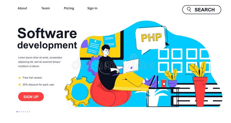 Software Development Concept For Landing Page Template Programmer Writes Programming Code Stock