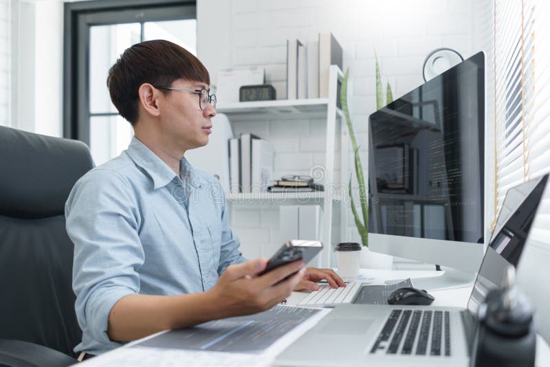 Software Development Concept, Male Programmer Check Website Programming on Smartphone and ...