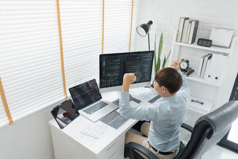 Software Development Concept, Male Programmer Excited and Raise Arms ...