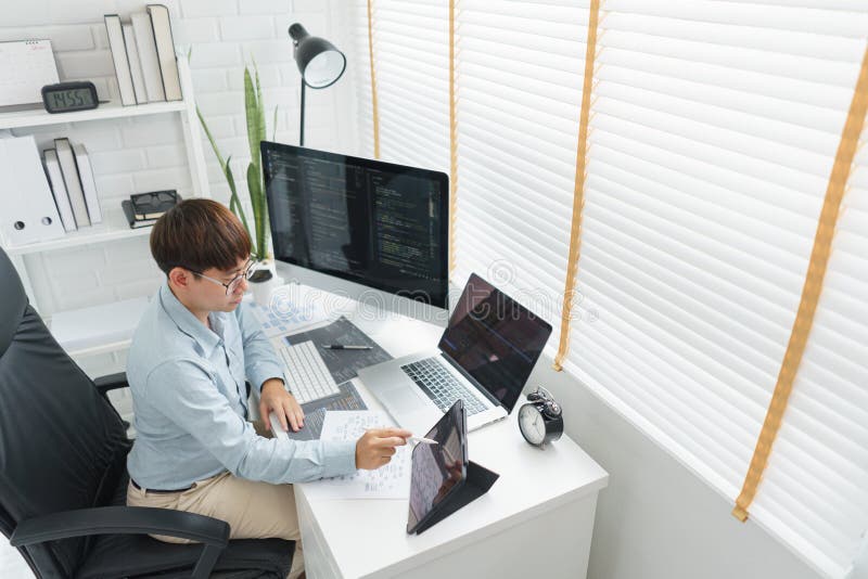 Software Development Concept Male Programmer Point Data On Tablet To