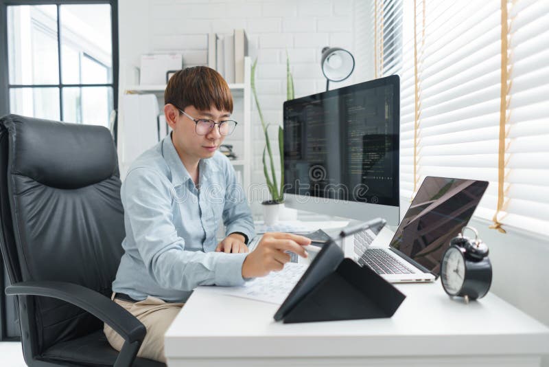 Software Development Concept Male Programmer Point Data On Tablet To