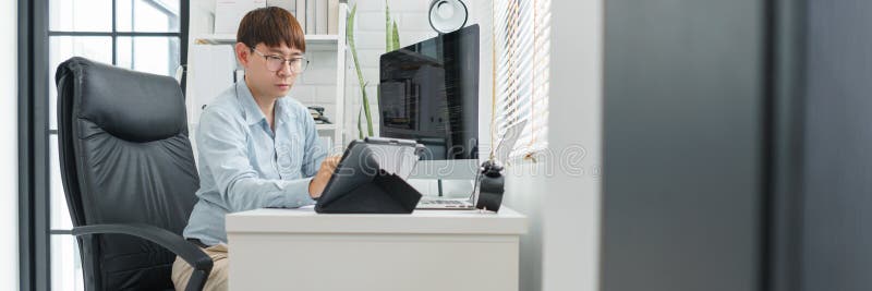 Software Development Concept Male Programmer Point Data On Tablet To