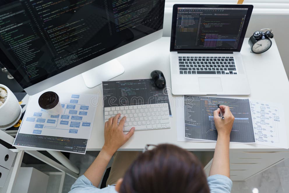 Software Development Concept, Male Programmer Pointing on Data Code To Checking Website ...