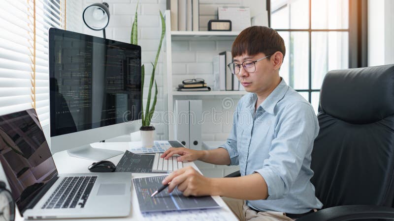 Software Development Concept, Male Programmer Pointing on Data Code To ... Software Development Concept, Male Programmer Pointing on Data Code To ...