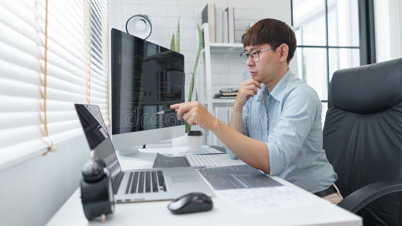 Software Development Concept, Male Programmer Pointing on Laptop Screen ... Software Development Concept, Male Programmer Pointing on Laptop Screen ...