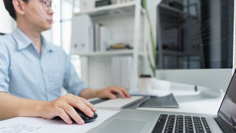 Software Development Concept, Male Programmer Typing Data Code on ... Software Development Concept, Male Programmer Typing Data Code on ...
