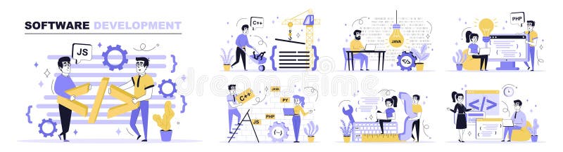 Software Development Concept Set in Flat Web Design. Collection with People Programming and ...