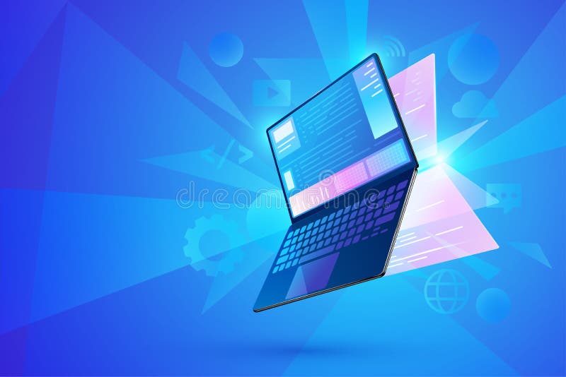 Software Development Concept, User Interface Laptop with Virtual Interactive Screens Processing ...