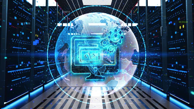 Software Development Icon Moving through Rack Servers in Data Center ...