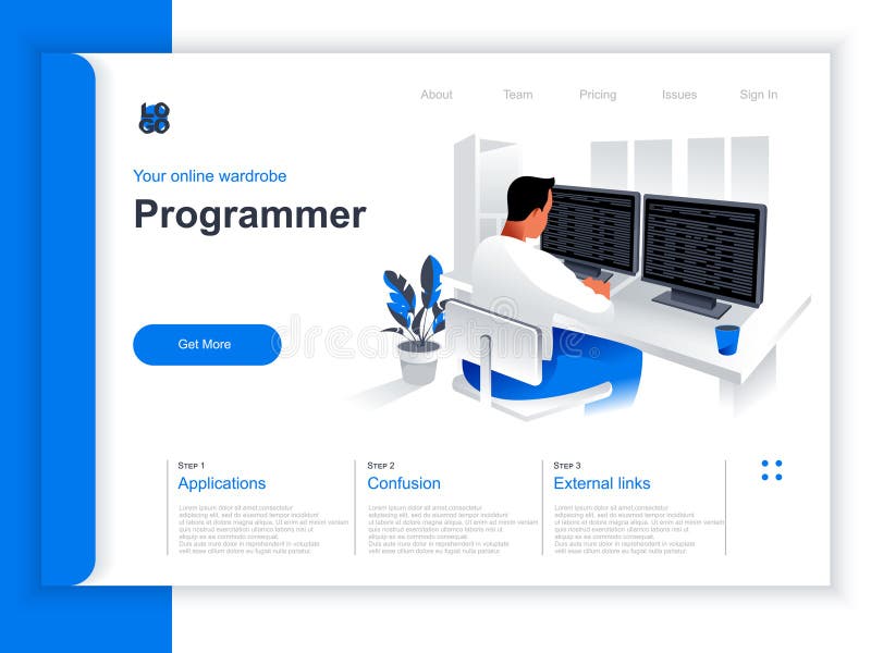 Software Development Isometric Landing Page. Programmer Working with Computer in Office ...