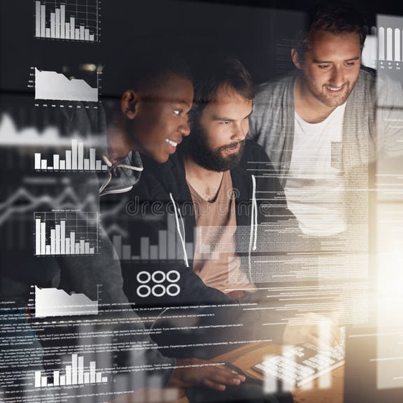 Software Development Overlay Man And Team With Computer At Night For Typing Source Code Or