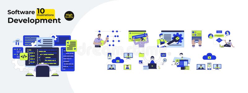 Software Development Process Cartoon Flat Illustrations Mega Bundle ...